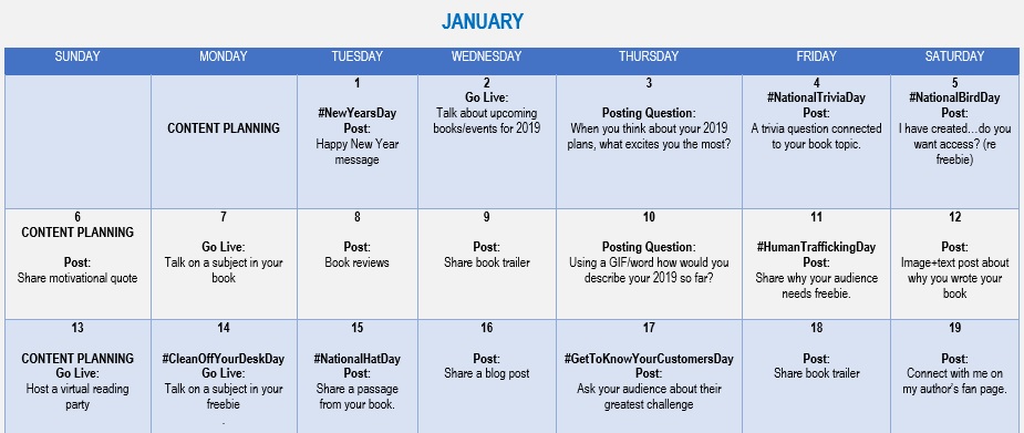 2019 Social Media Content Calendar for Authors